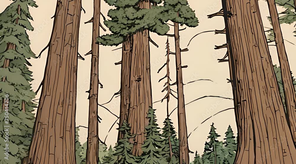 Abstract animation hand drawn redwood tree. Tree, nature, thicket ...