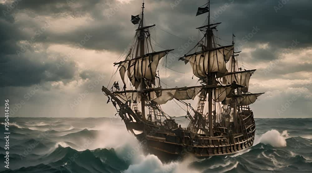 Abstract animation of a ship with torn sails sailing in bad weather ...