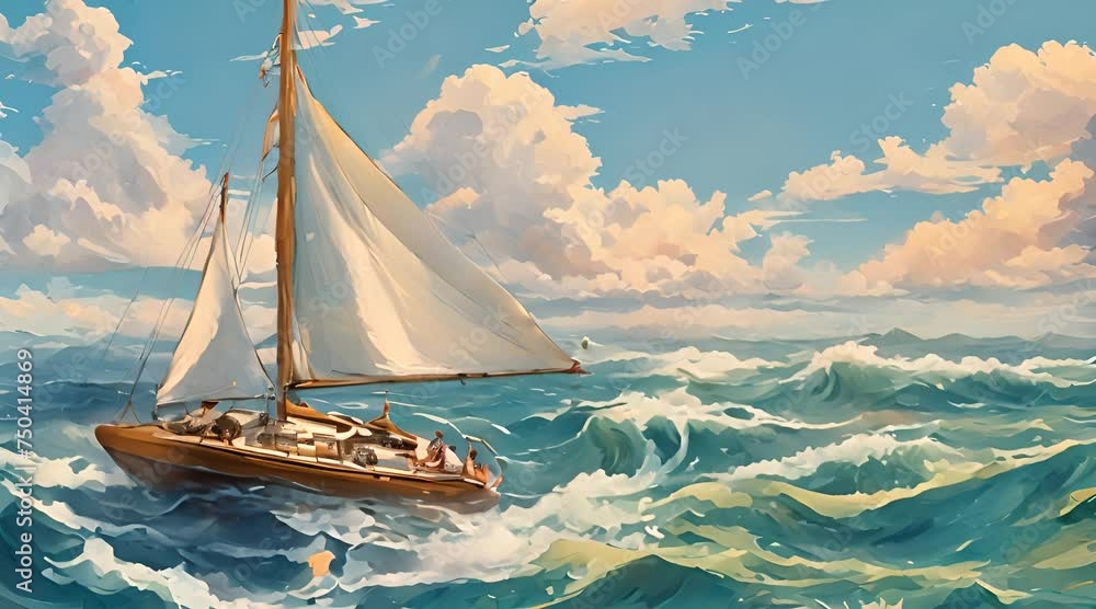 Abstract animation of a high-speed sailing yacht. Sail, water, deck ...