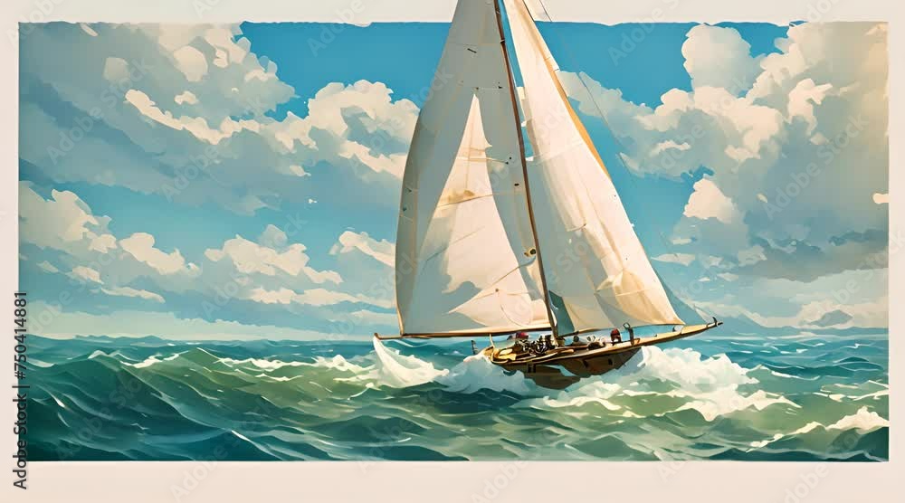 Abstract animation of a sailing yacht in a hand-drawn style. Sail, sea ...