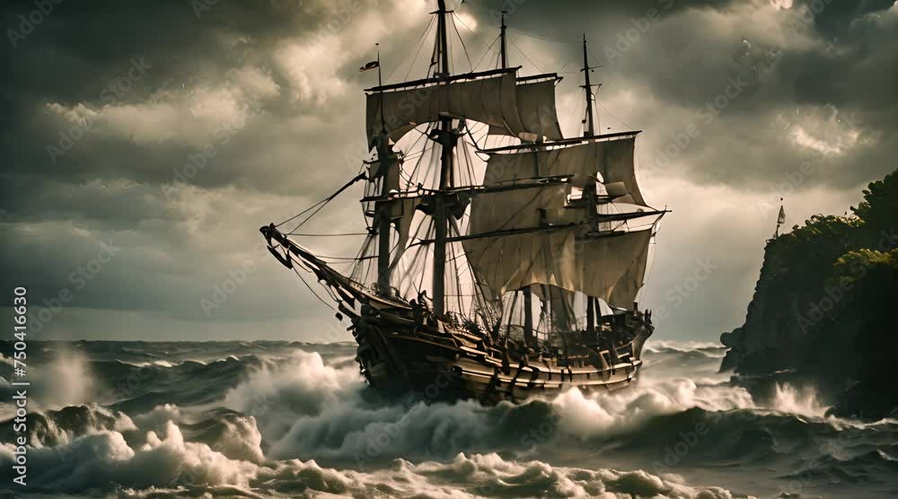 Abstract animation of a pirate ship after a robbery. Sail, sea, captain ...