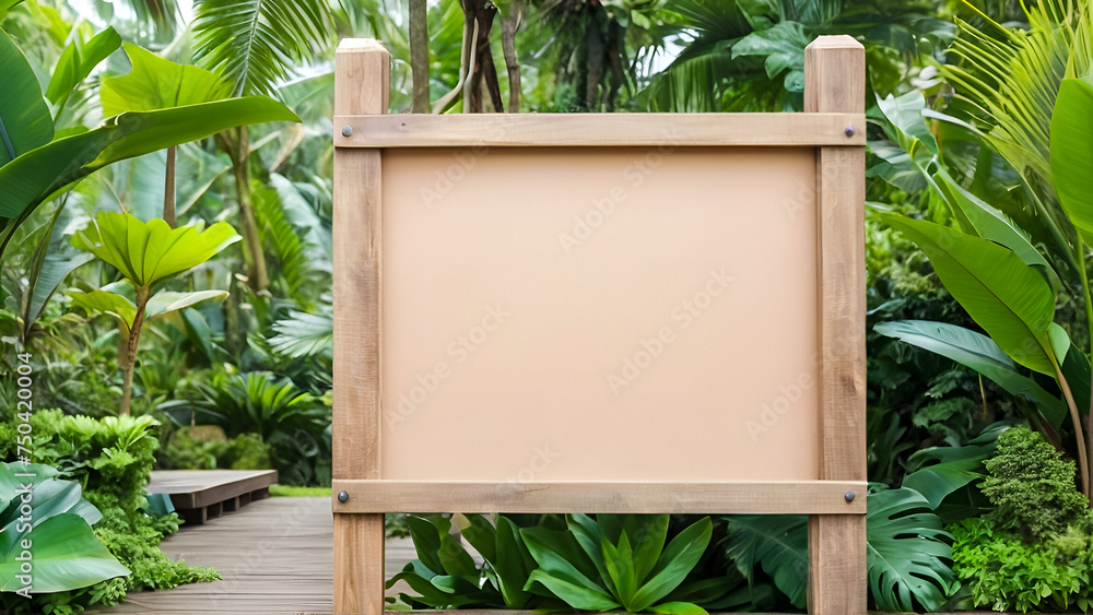 Empty wooden sign board in the garden, wooden board in forest and ...
