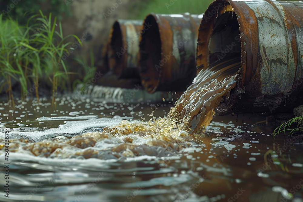 water waste flowing into the river, Environmental damage concept ...