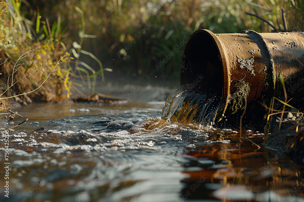 water waste flowing into the river, Environmental damage concept ...