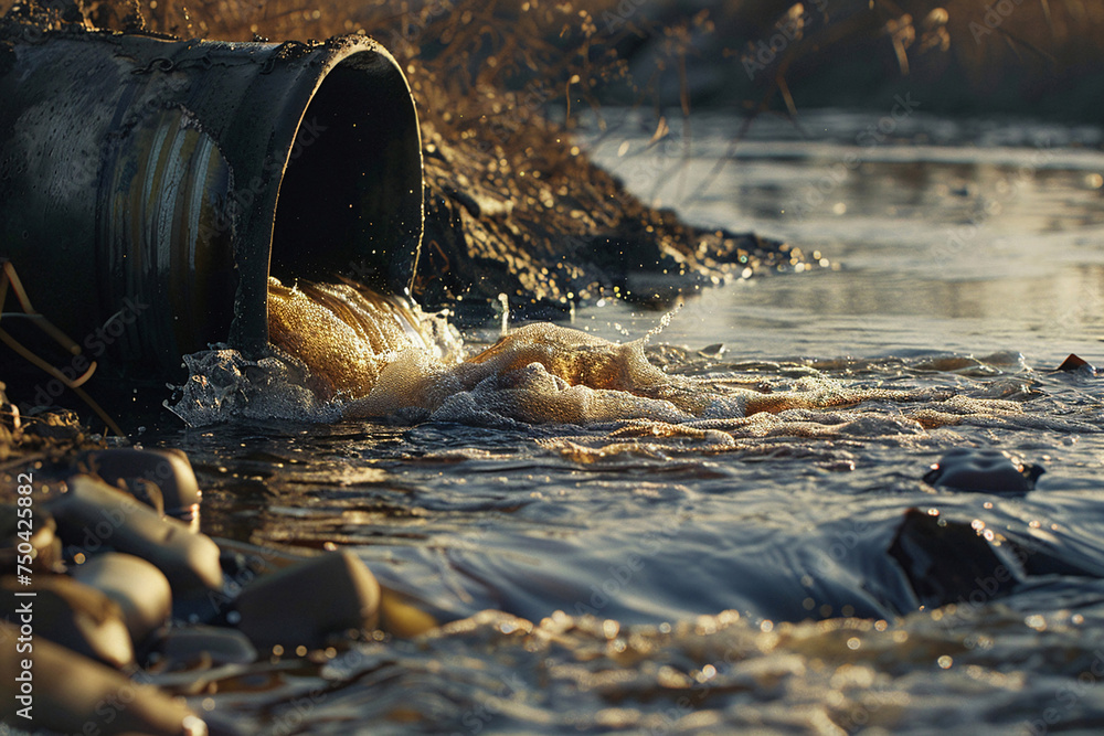 water waste flowing into the river, Environmental damage concept ...