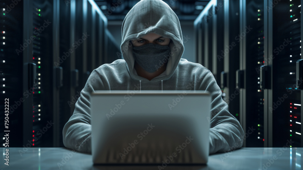 Hacker in hood anonymous phishing, hacking, spy, criminal, attack the internet computer network ...