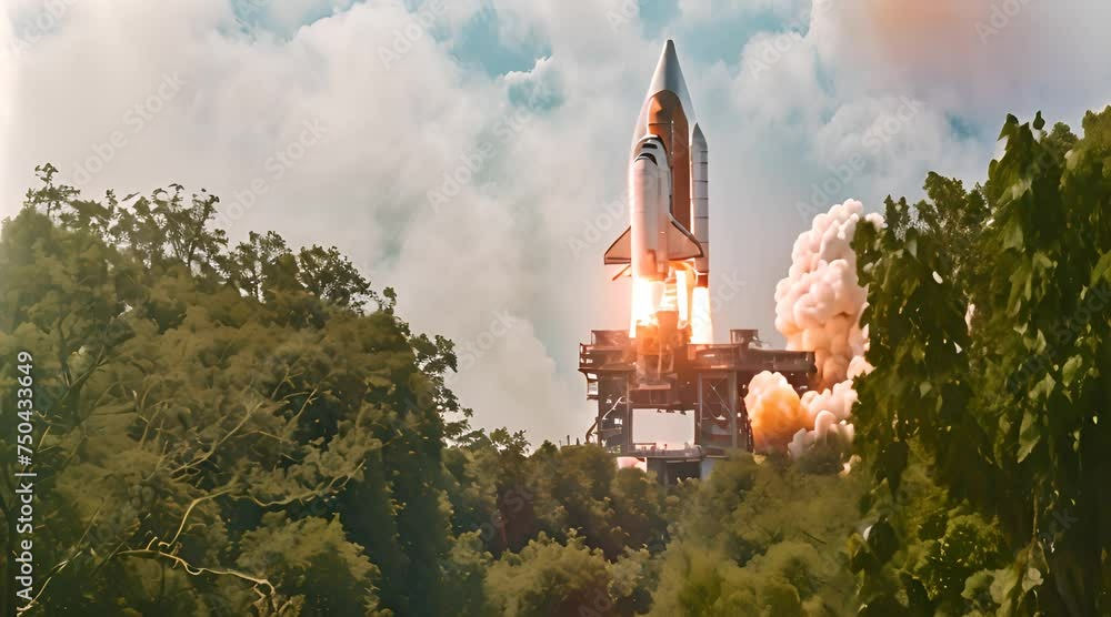 Abstract animation of a rocket launch in the forest. Space, science ...