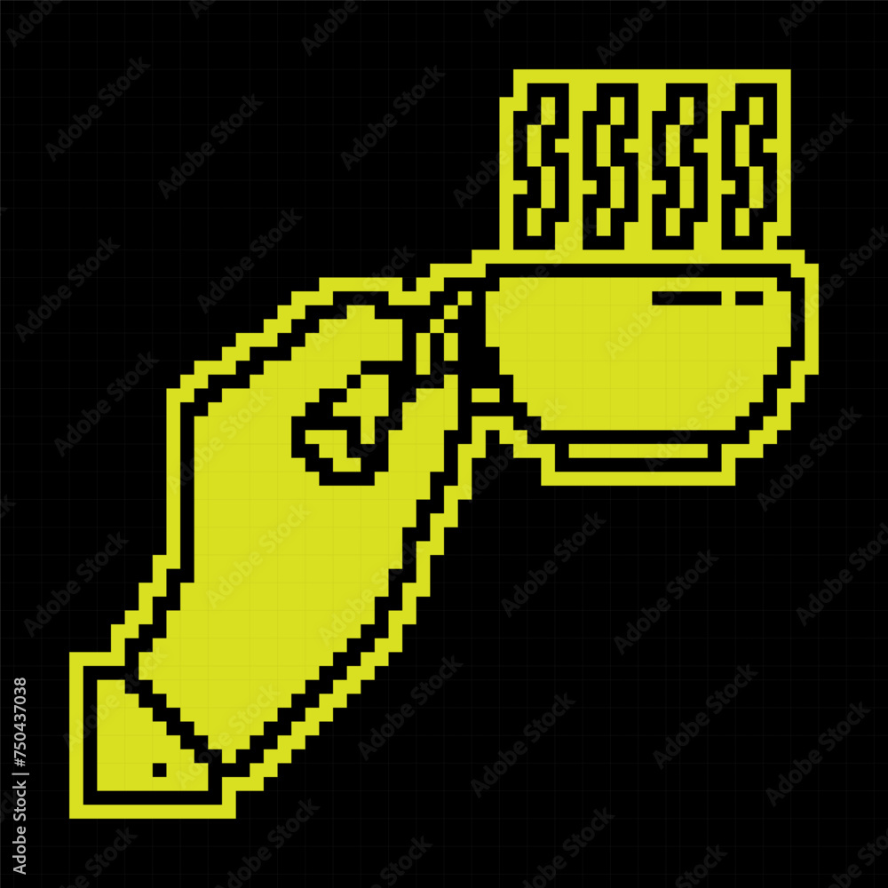 Pixel silhouette icon. Hand hold Coffee cup with hot drink and steam ...