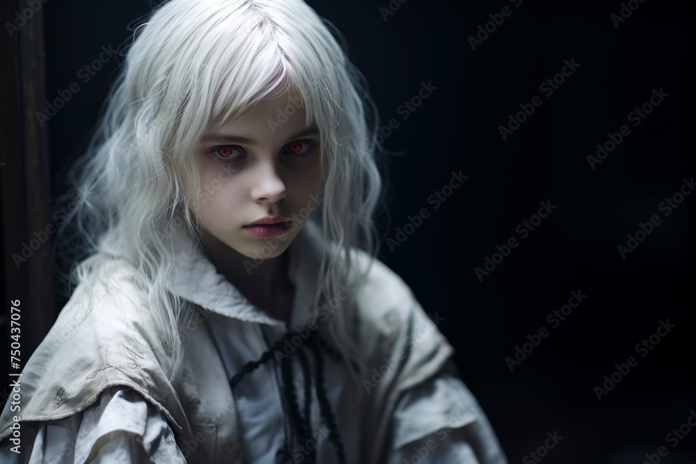 Child vampire, with piercing red eyes and an unnervingly serene ...