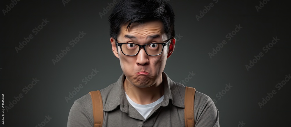 Asian Man Expressing Disbelief and Disagreement while Lowering Glasses ...