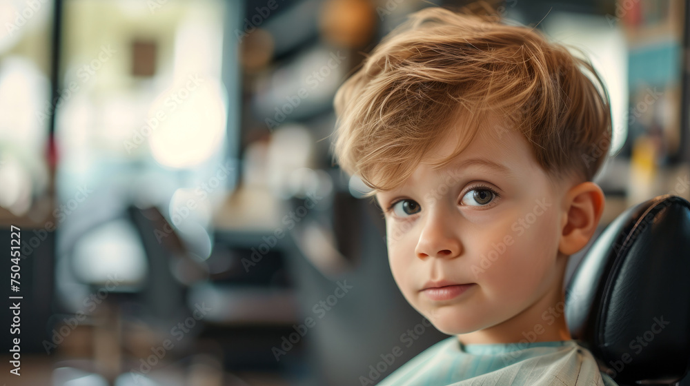 A young child sits in a barber chair with a messy hairdo. The child is ...