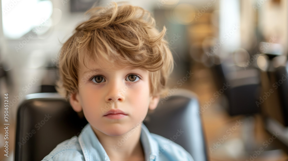 A young child sits in a barber chair with a messy hairdo. The child is ...