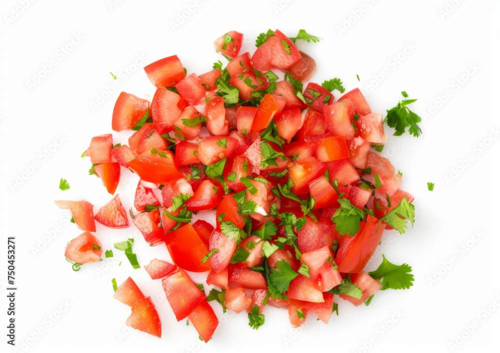 Diced pico de gallo, fresh and vibrant, top-down view isolated on white ...