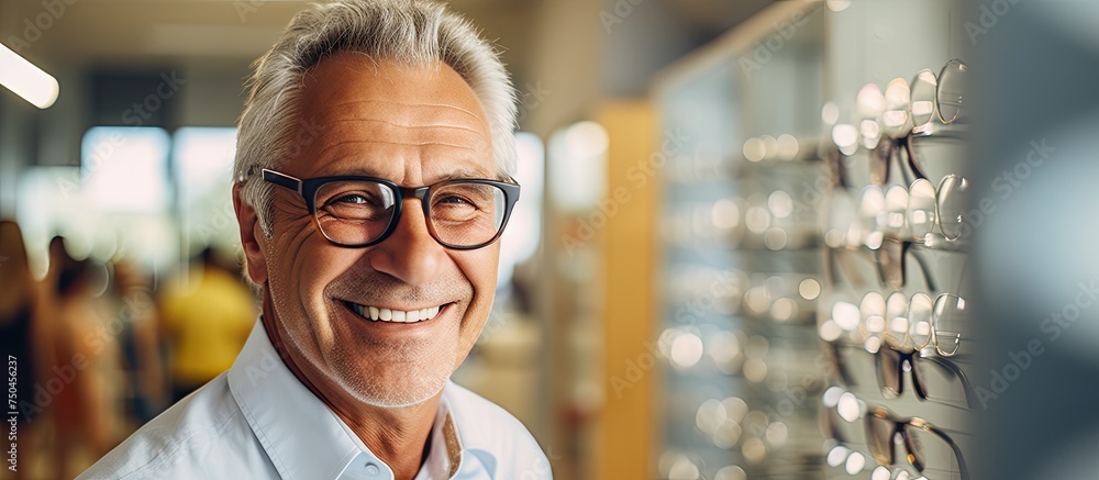 Elderly Man Choosing Glasses at Optometry Clinic Smiles Happily at the ...