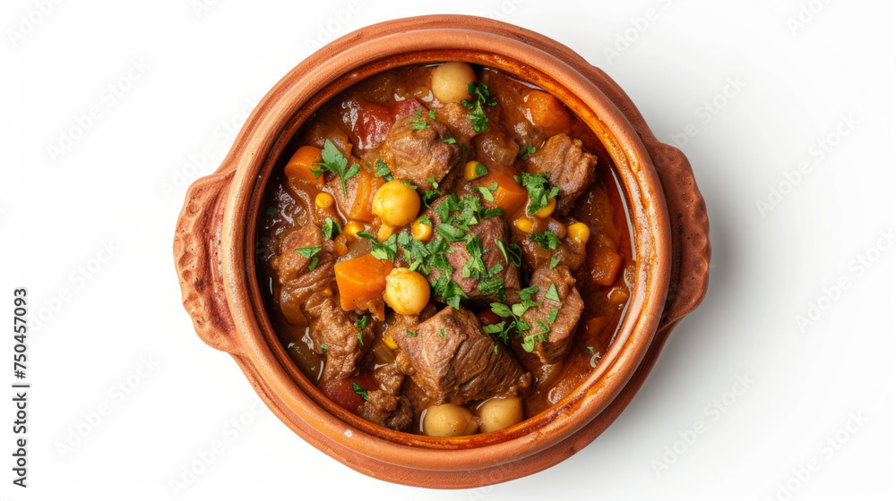 Lamb Tagine in a clay pot, top-down view isolated on white background ...