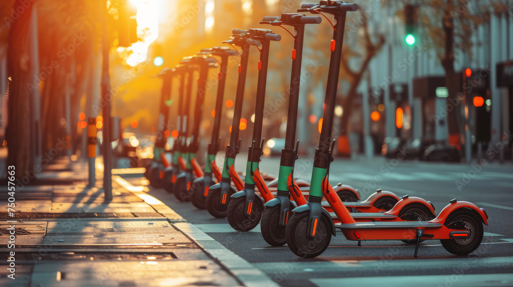 Electric scooters lined up on an urban street at sunset Stock Photo ...