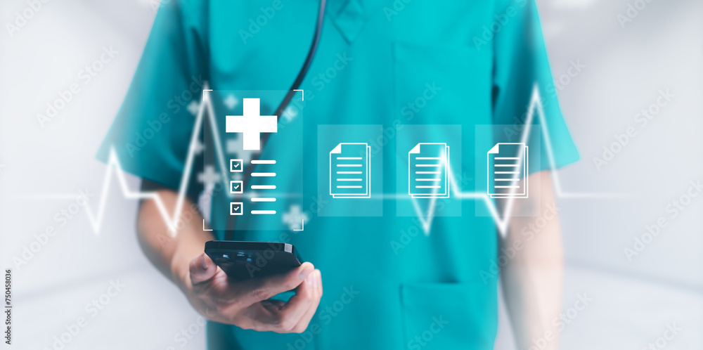 Health insurance and medical inquiry form concept. The doctor holds a ...