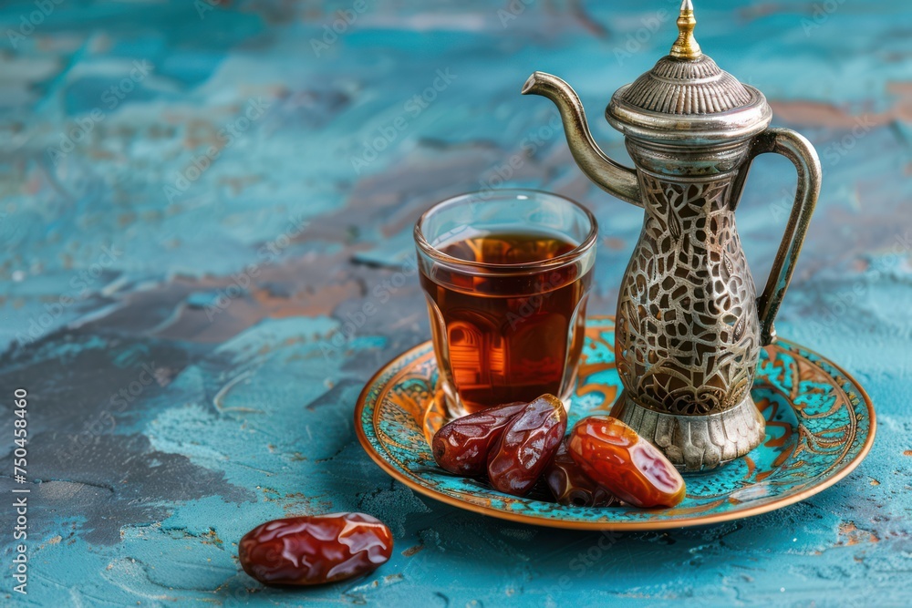Breaking fasting with dried dates during Ramadan Kareem, Iftar meal ...