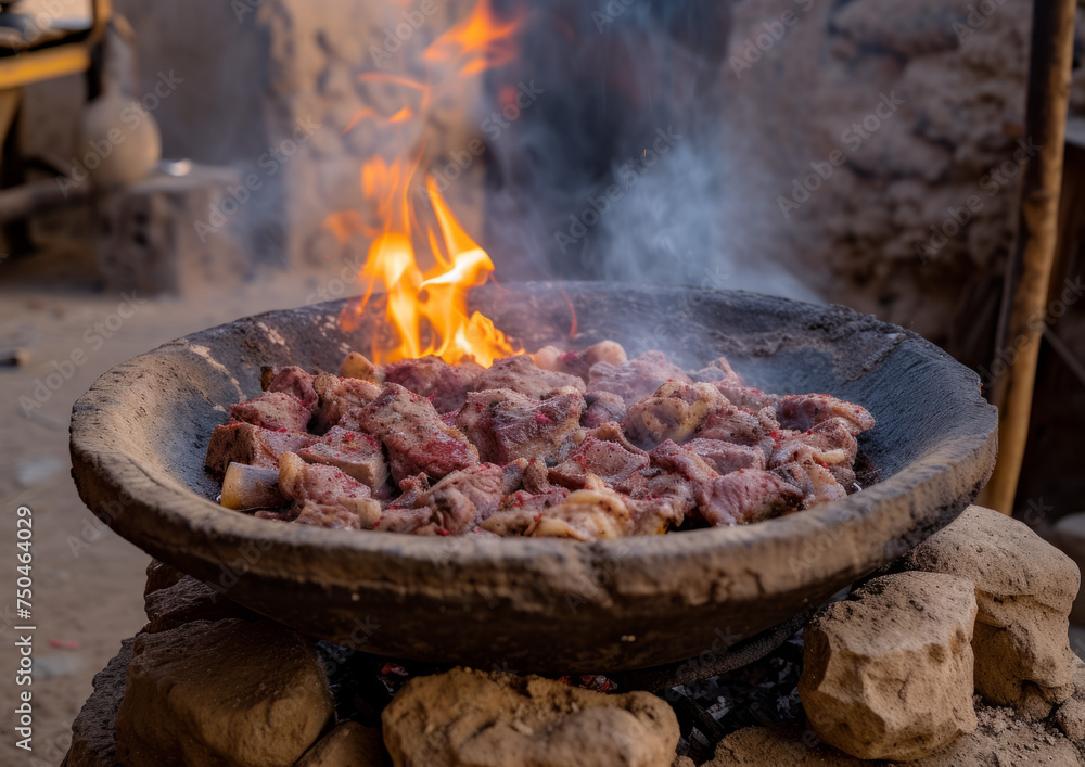 Omani Shuwa, slow-cooked spiced lamb, being prepared in a traditional ...
