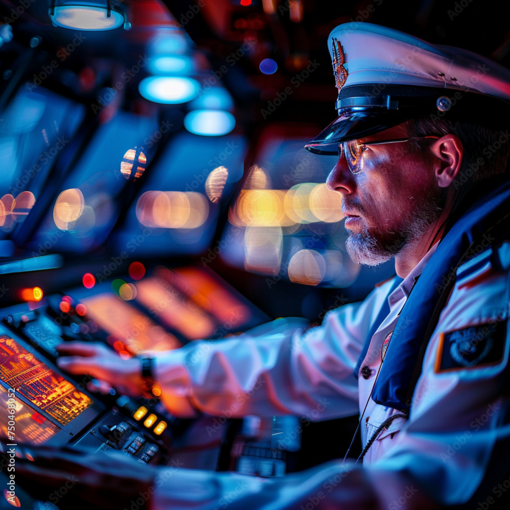 Male operator controls the cruise, navigator watches during cargo ...
