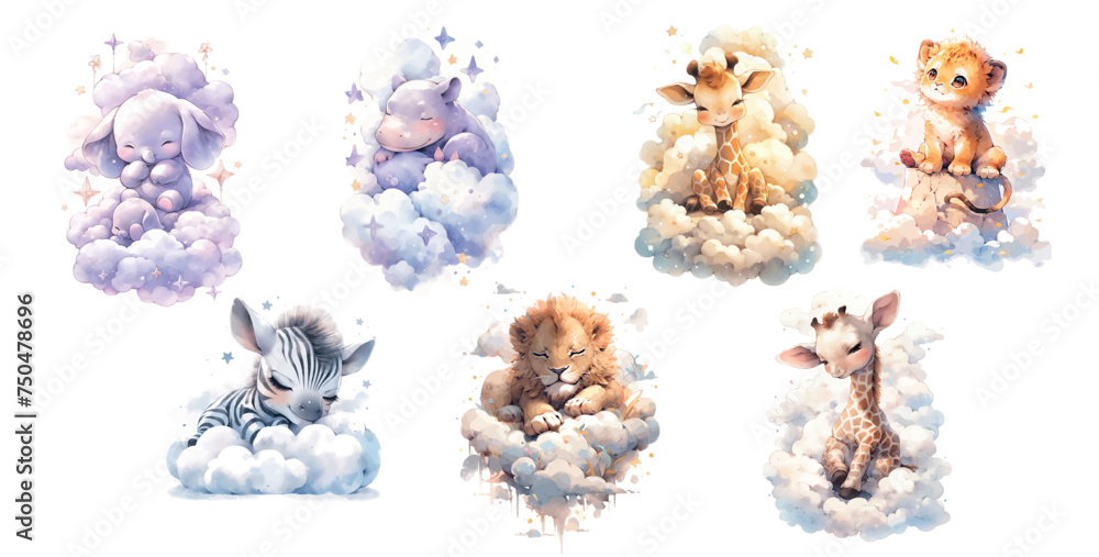 Adorable Baby Animals Resting on Clouds: A Collection of Watercolor ...