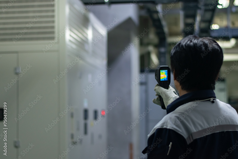 Professional Electrician use thermal infrared camera or thermometer ...