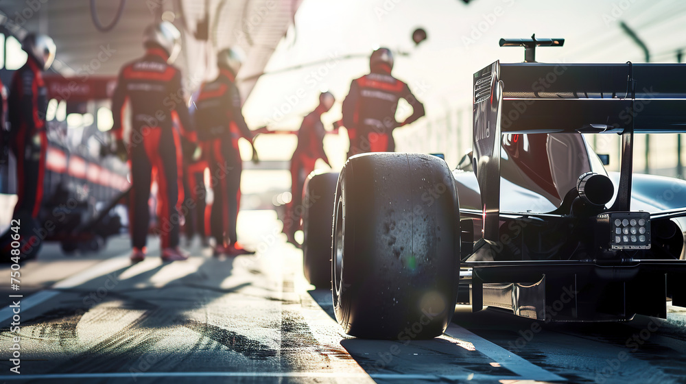 Professional pit crew ready for action as their team's race car arrives in the pit lane during a ...