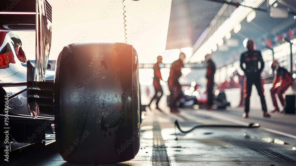Professional pit crew ready for action as their team's race car arrives in the pit lane during a ...