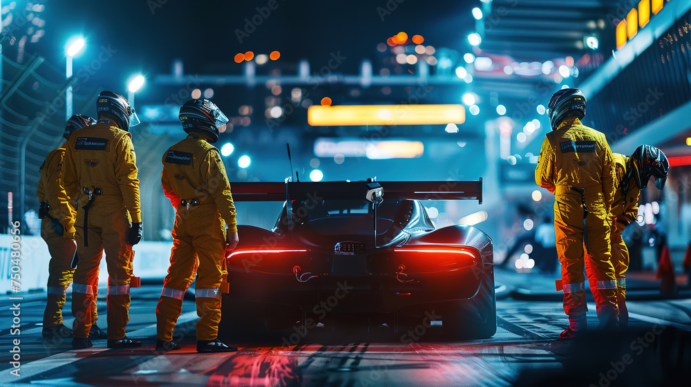 Professional pit crew ready for action as their team's race car arrives ...