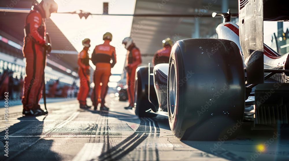 Professional pit crew ready for action as their team's race car arrives ...