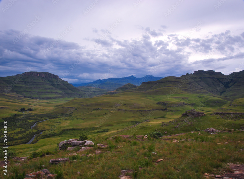 Drakensberg landscape with the Maloti mountains in the front, a river ...