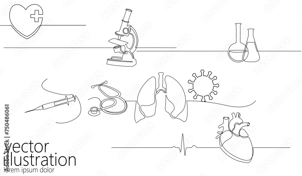 Single continuous line set science medicine microscope. Human heart ...