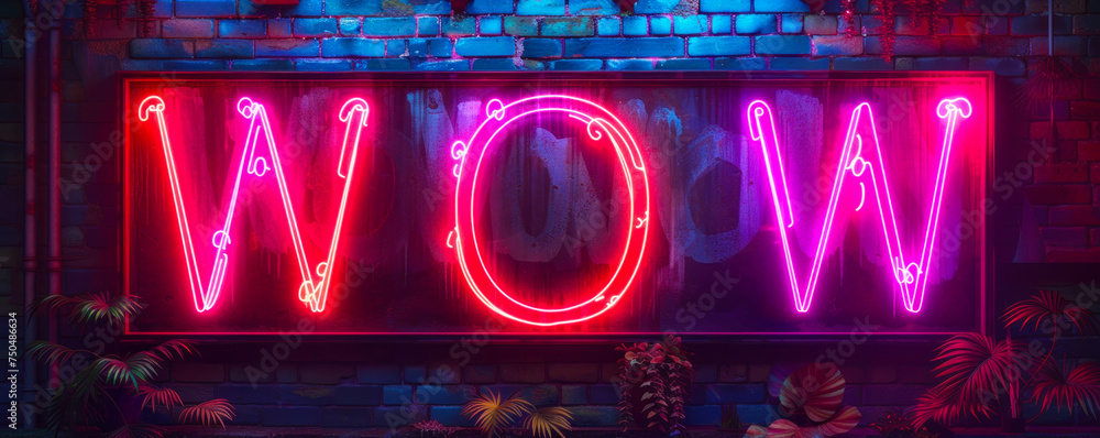 Striking WOW neon sign in bold pink and purple hues mounted on a brick ...