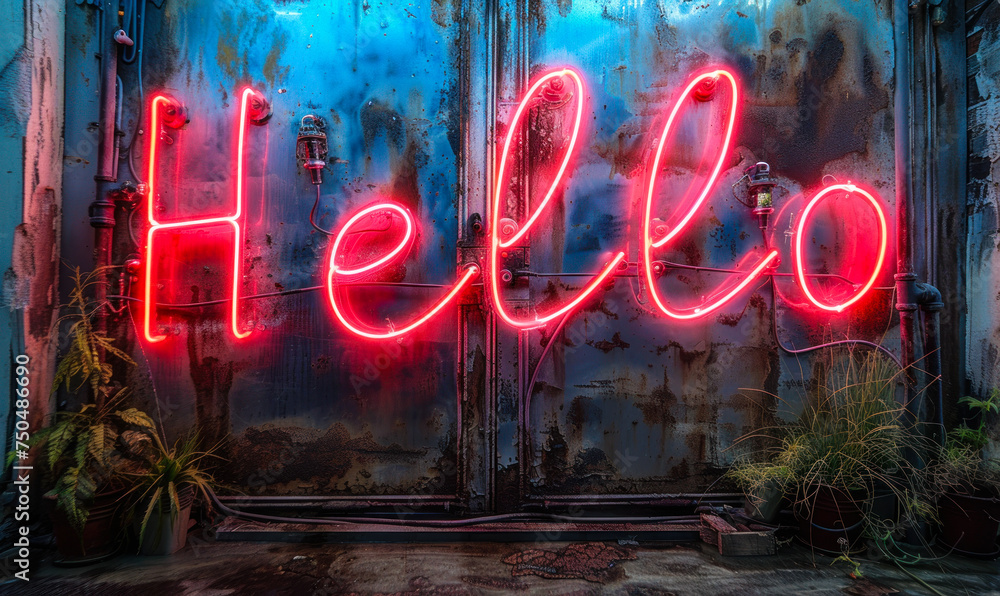 Warm neon Hello sign glowing in cursive red light against a rustic ...