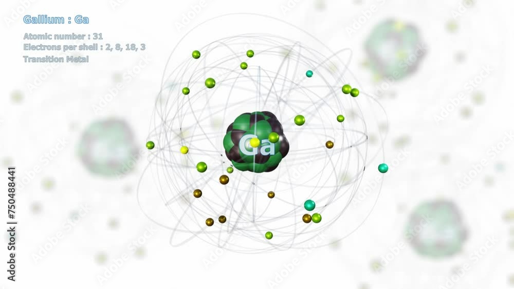 Atom of Gallium with 31 Electrons in infinite orbital rotation on white ...