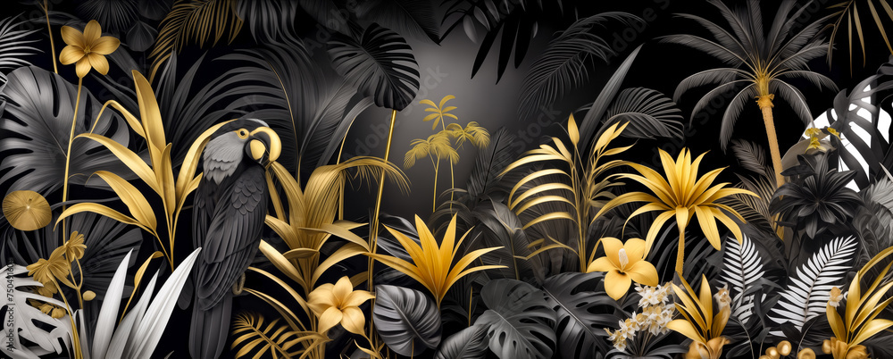 ภาพประกอบสต็อก Gold black Jungle wallpaper with toucan bird, palm trees ...