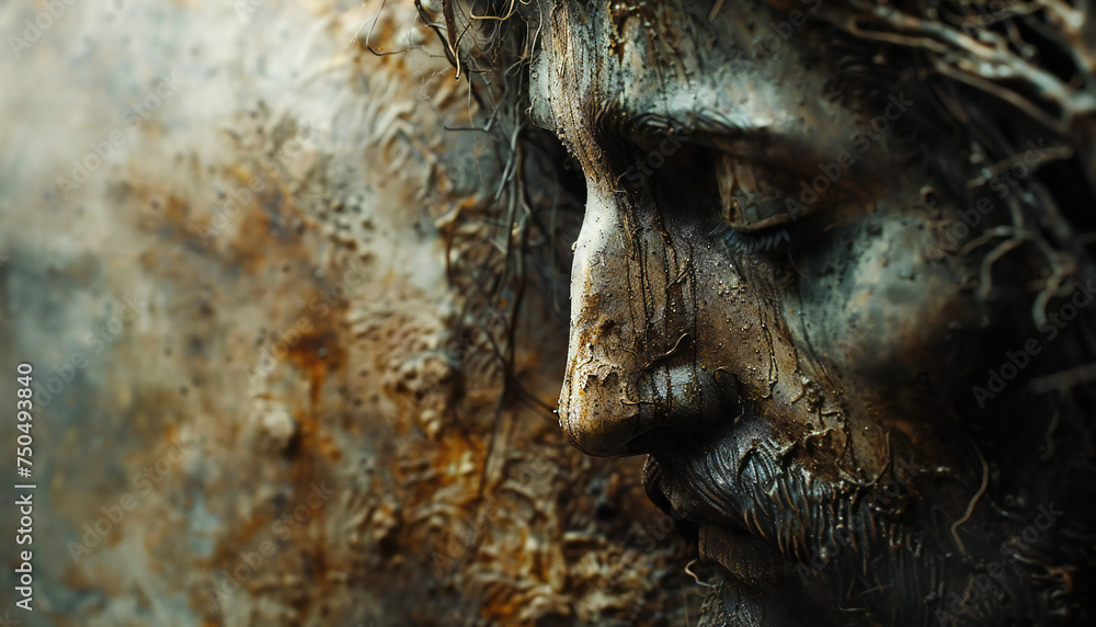 Recreation of figure of face of Jesus Christ together a damaged surface ...