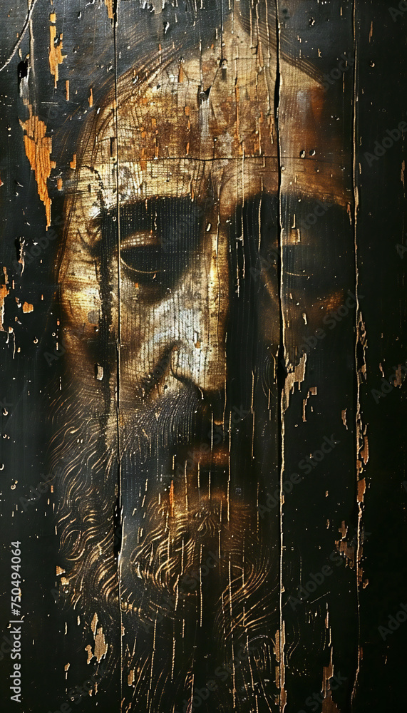 Vertical recreation of a damaged surface with the face of Jesus Christ ...
