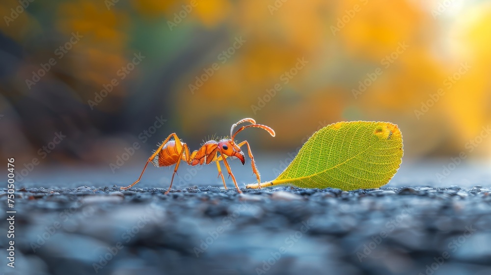 Macro shot side view of an ant taking a green leaf several times bigger ...