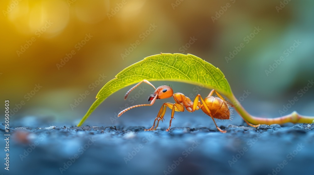 Macro shot side view of an ant taking a green leaf several times bigger ...