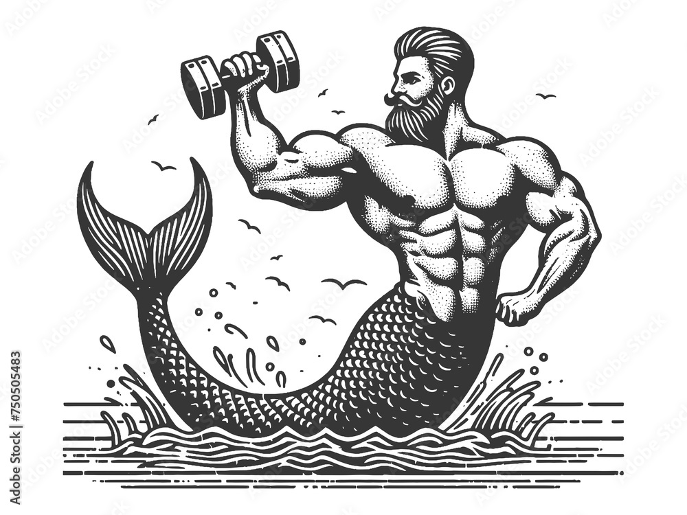 Strongman muscular merman athlete with a beard, lifting a dumbbell in ...