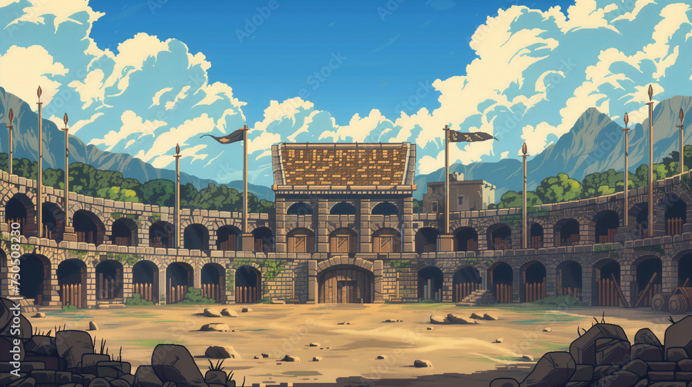 pixel art of old battle stadium dungeon background battle scene in RPG ...