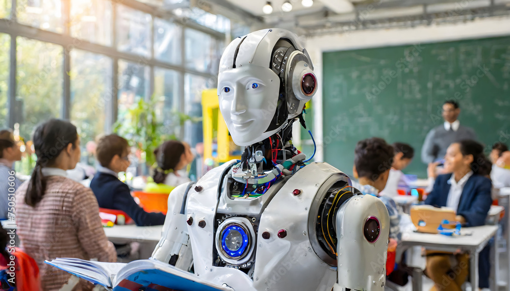 Robot cyborg teacher (lecturer) in the classroom and students are ...