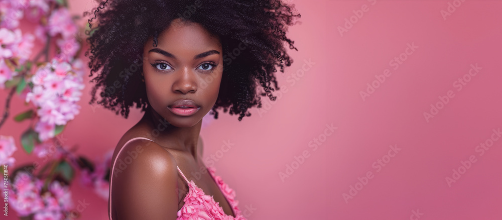 African American beautiful woman wearing pink coquette style pink mini ...