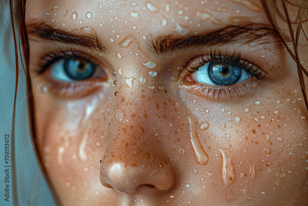 Beautiful woman with water droplets on her face. Close up portrait of ...