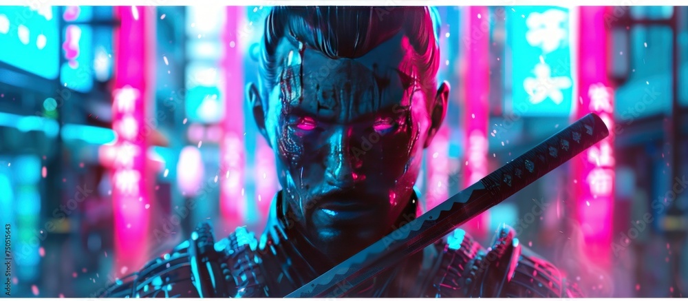 Portrait a Japanese samurai with katana sword with vaporwave cyberpunk ...