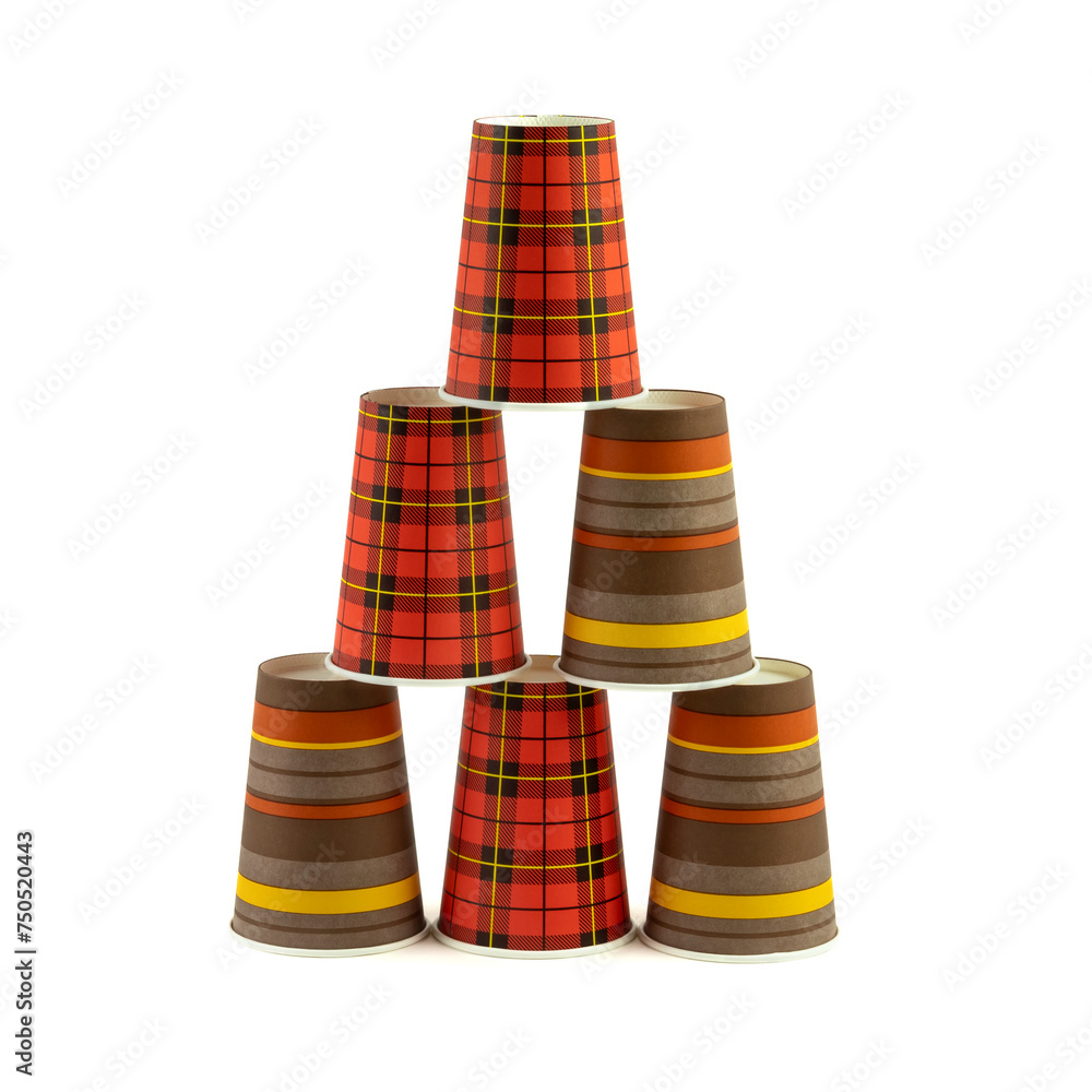 Colorful disposable cups tower on white background. Coffee to go cups ...