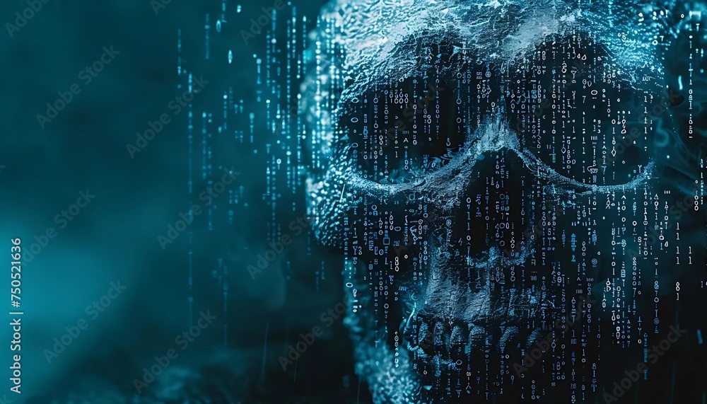 Digital skull composed of binary code with a dark blue background.Cyber ...