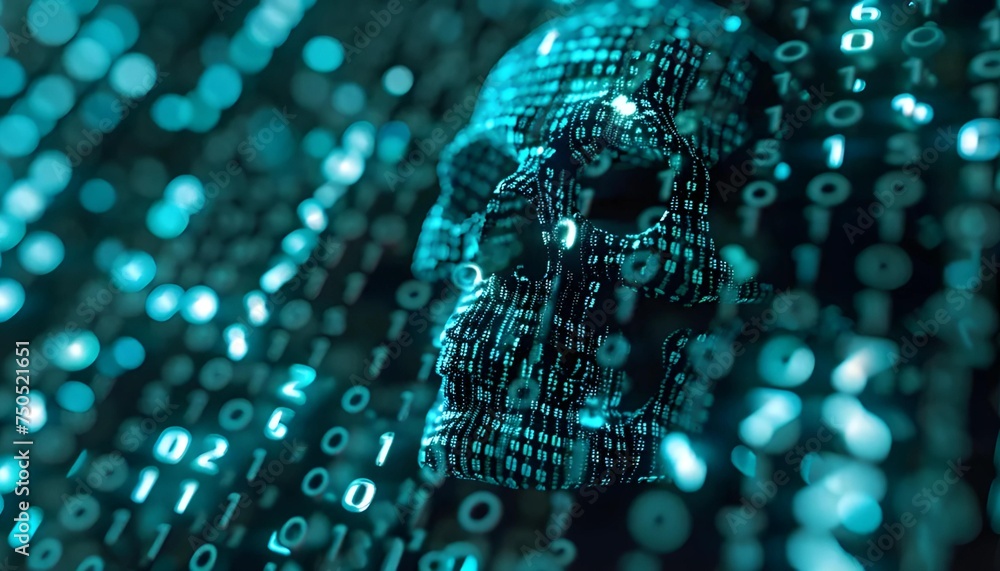 Digital skull composed of binary code with a dark blue background.Cyber ...