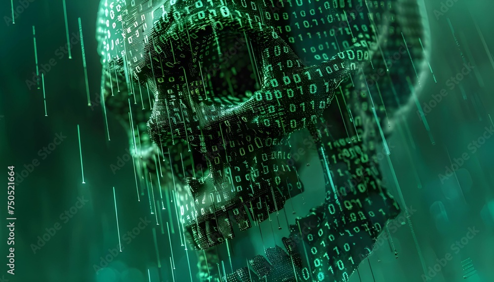 Digital skull composed of binary code with a dark blue background.Cyber ...